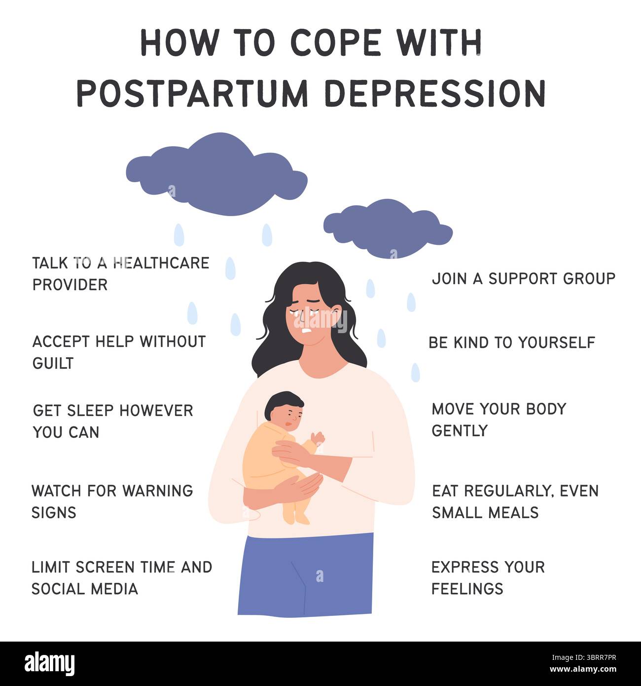 Mother coping with postpartum depression with practical tips for mental ...