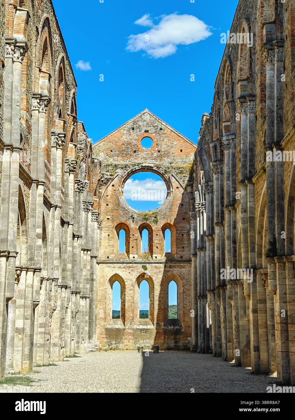 Built in the 13th century, the roofless walls of the Gothic style 13th ...