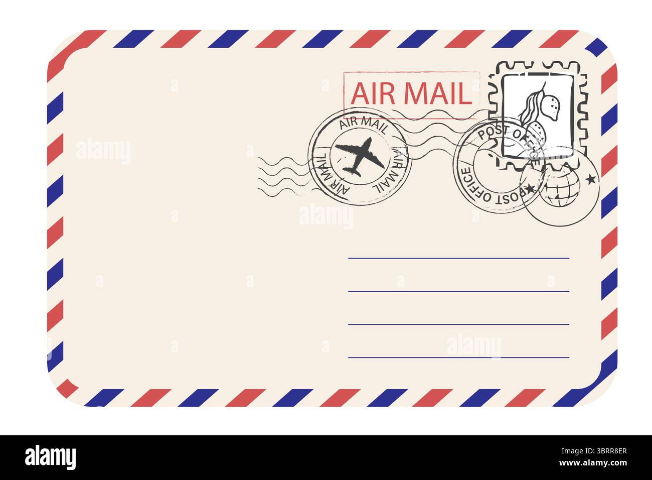 Air mail envelope with spriped border, stamp and mark. Retro Vintage postage card. Blank ...