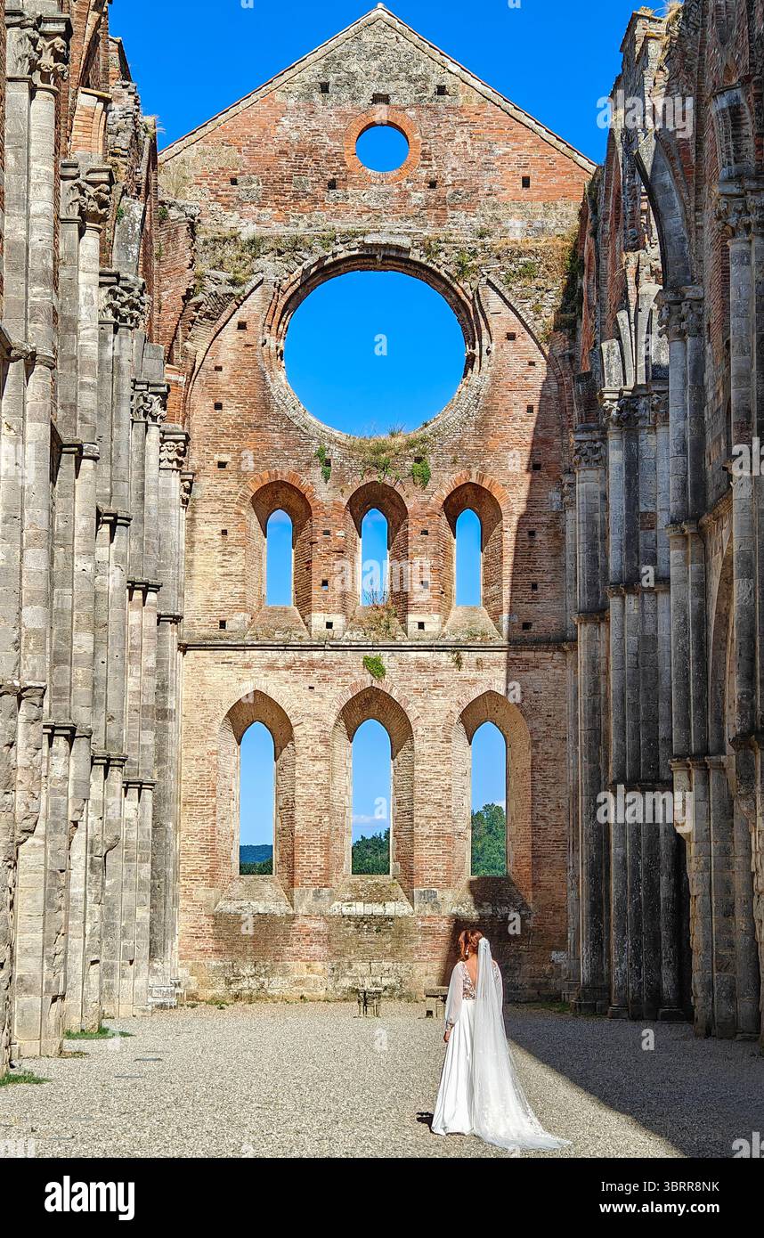 Built in the 13th century, the roofless walls of the Gothic style 13th ...