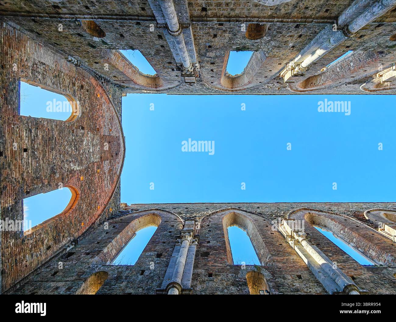 Built in the 13th century, the roofless walls of the Gothic style 13th ...