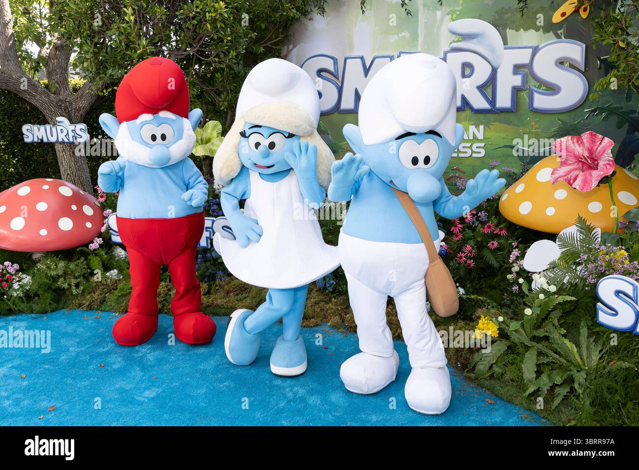 Papa Smurf, Smurfette and Smurf attend the arrivals of Paramount Pictures U.S. Premiere of ...