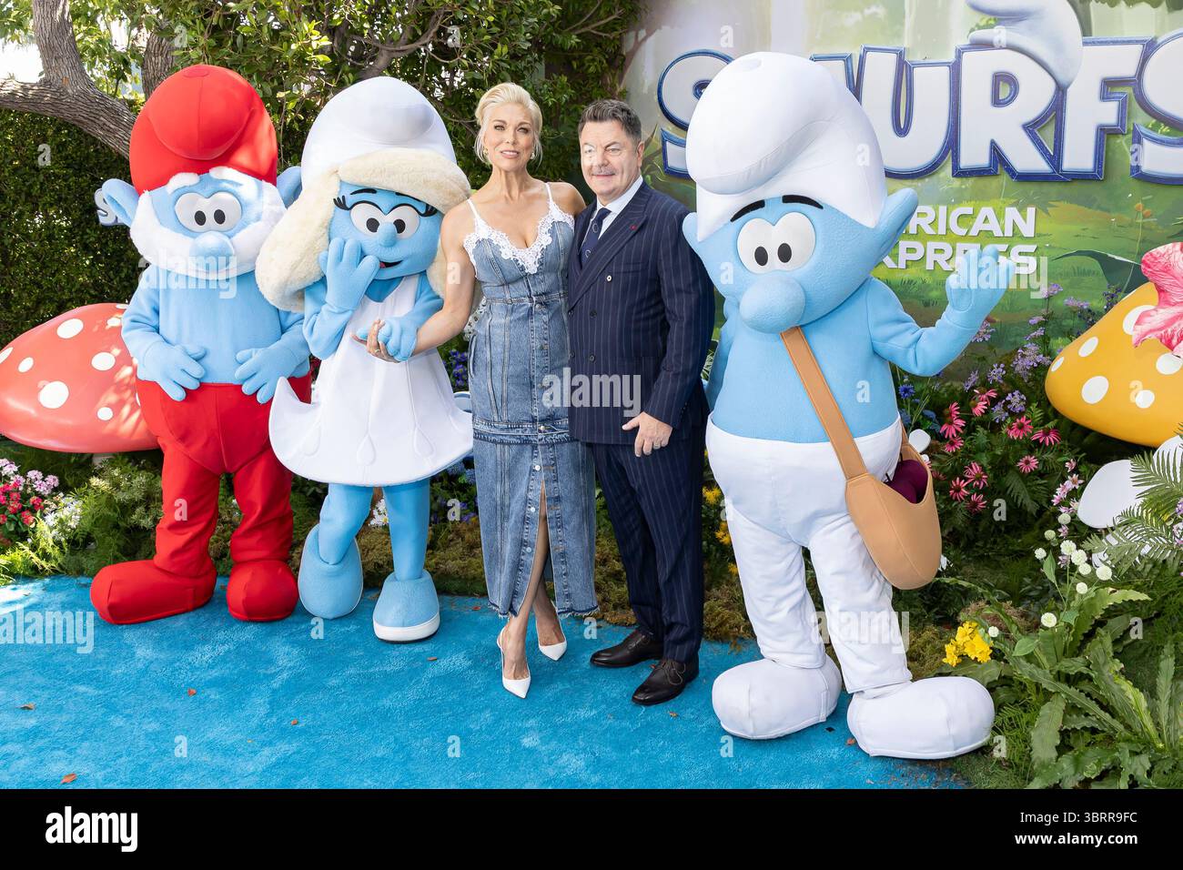 Papa Smurf, Smurfette, Hannah Waddingham, Nick Offerman and Smurf attend the arrivals of ...