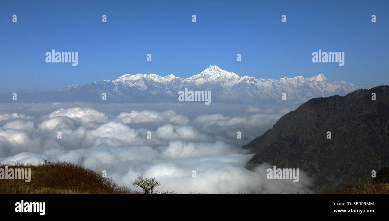 A breathtaking view of Mount Kanchenjunga rising above a sea of clouds ...