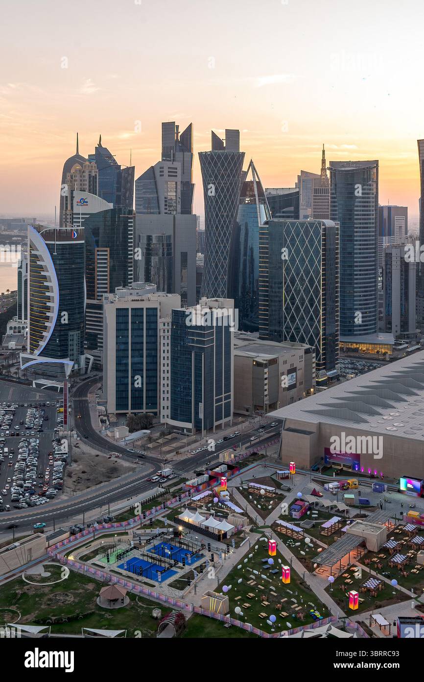View to the city center of Doha, Westbay, Qatar, by night with starry ...