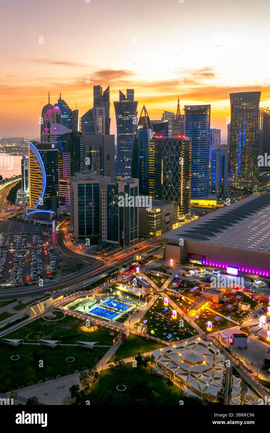 View to the city center of Doha, Westbay, Qatar, by night with starry ...