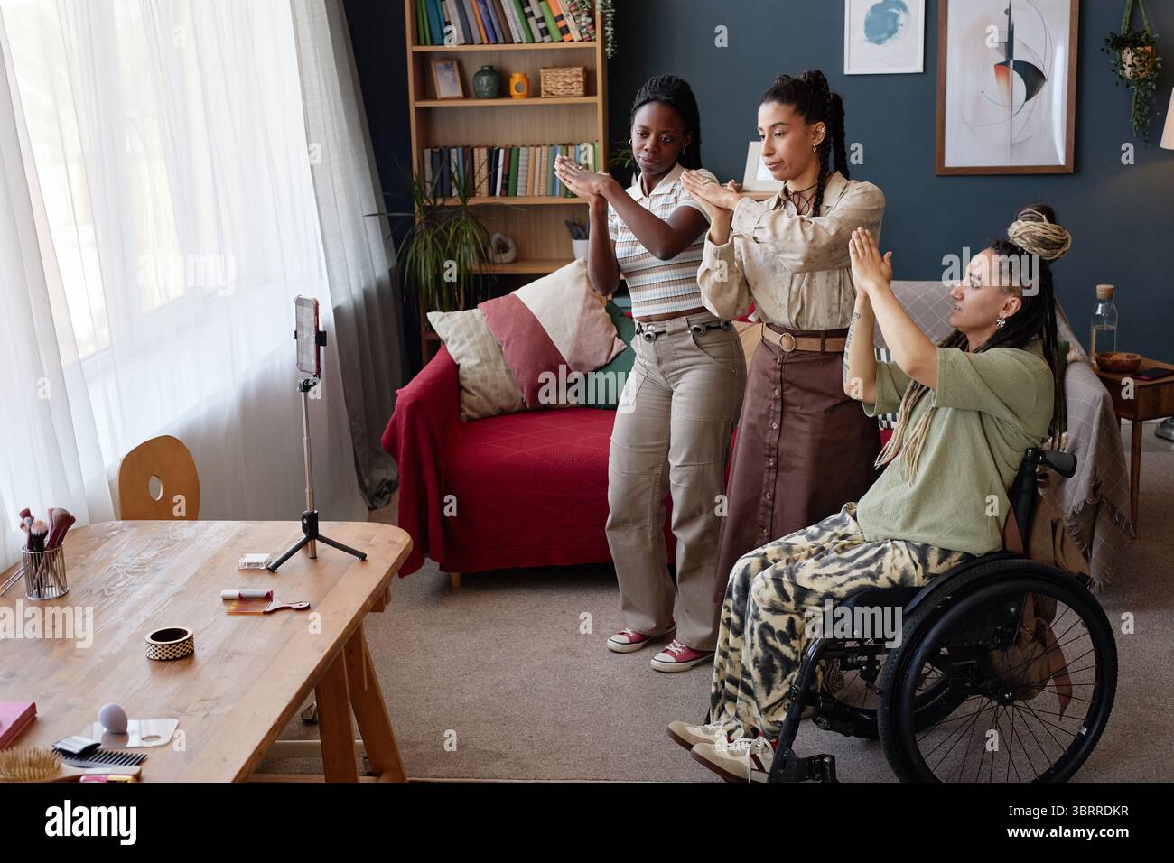 Diverse Young Women Recording Dance Video with Smartphone in Living ...