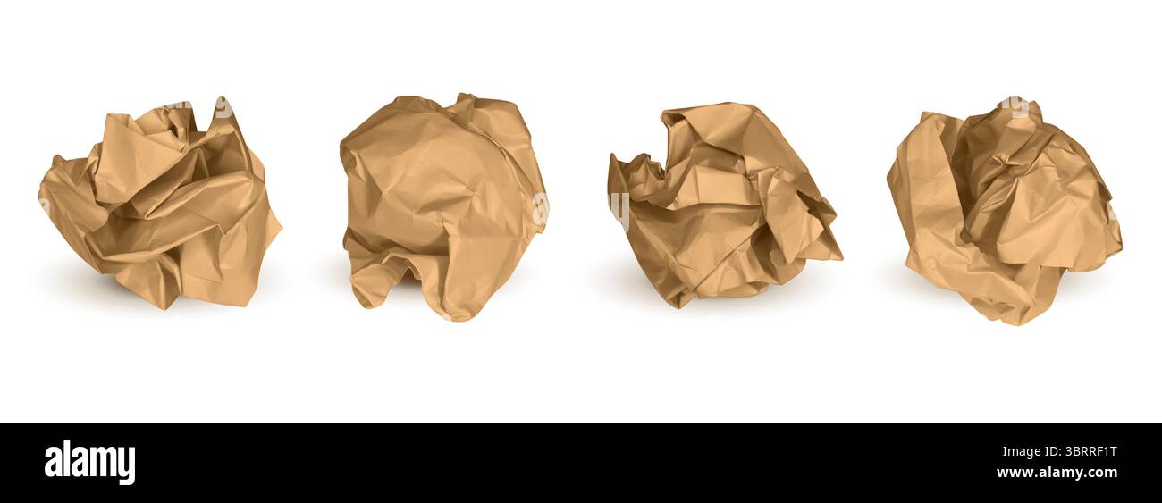 Realistic 3d crumpled paper balls. Cardboard garbage paper balls. Brown ...
