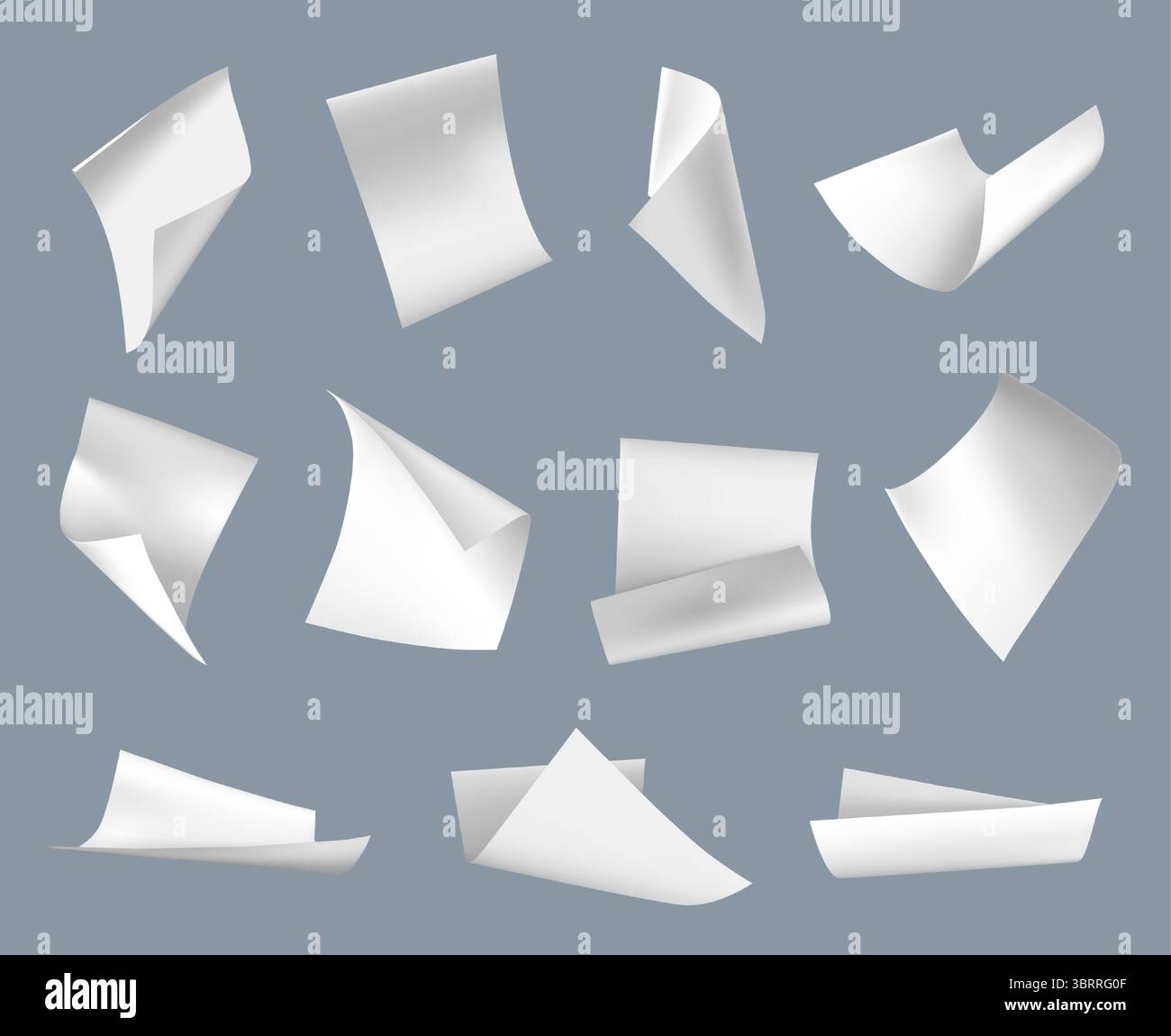 Flying paper. Curled blank white paper sheets floating in air and ...