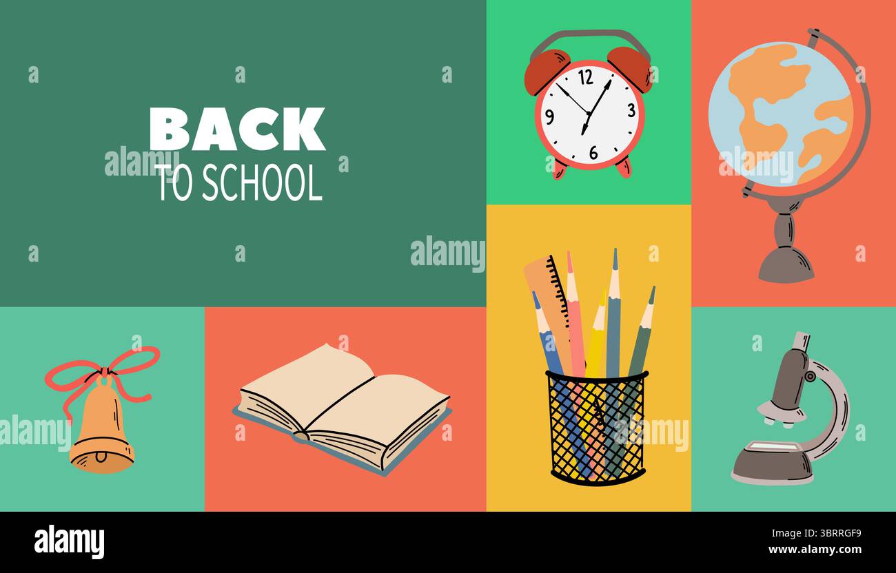 Colorful Back to School poster with cute flat hand drawn school supply ...