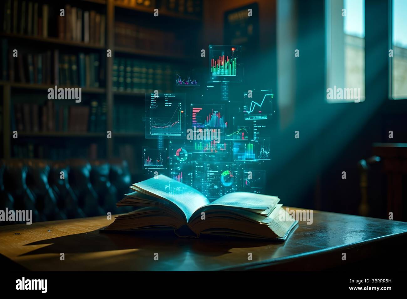 A serene library setting where traditional books meet cutting-edge data ...
