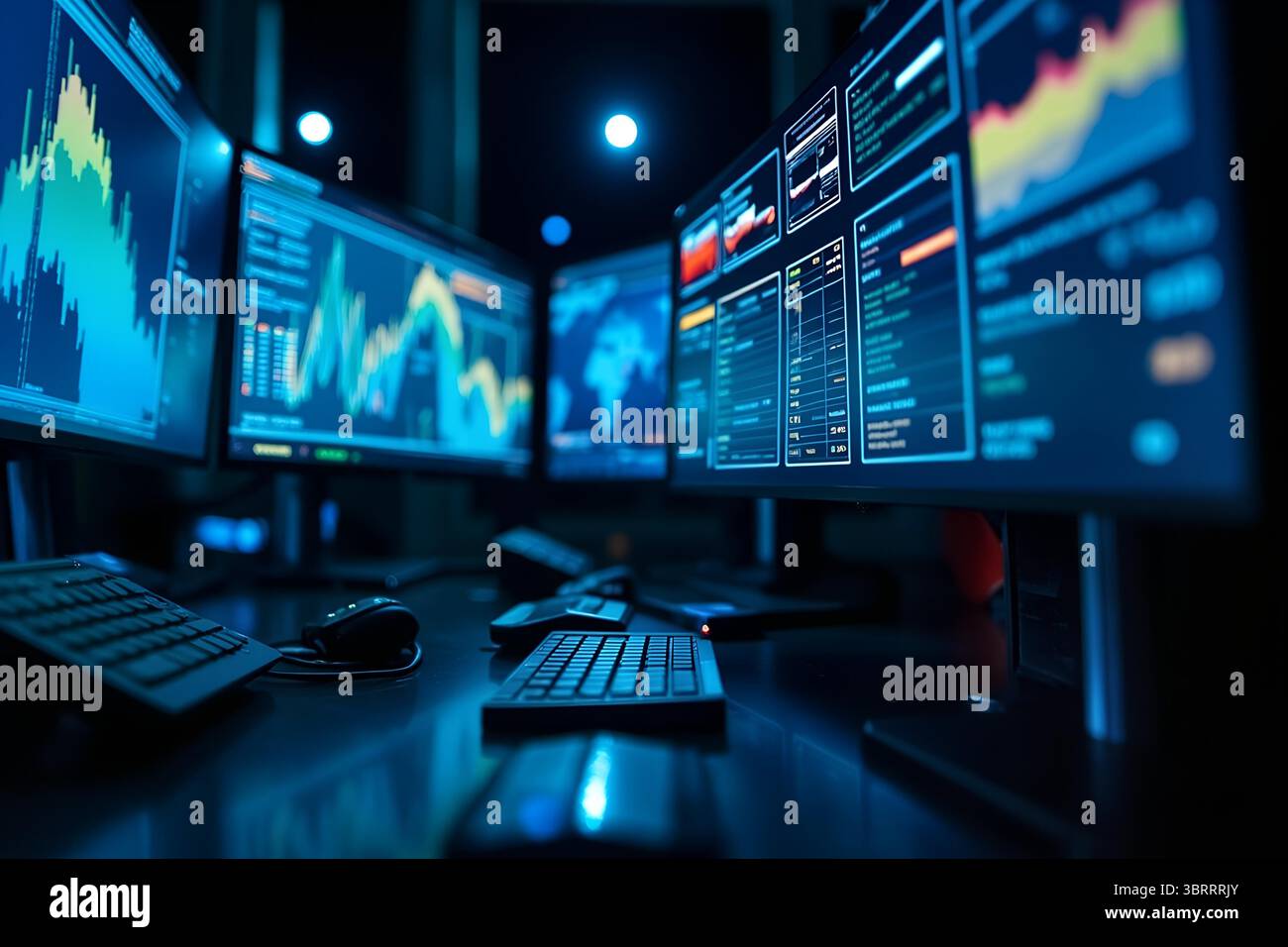 Professional control room environment with multiple monitors showing ...
