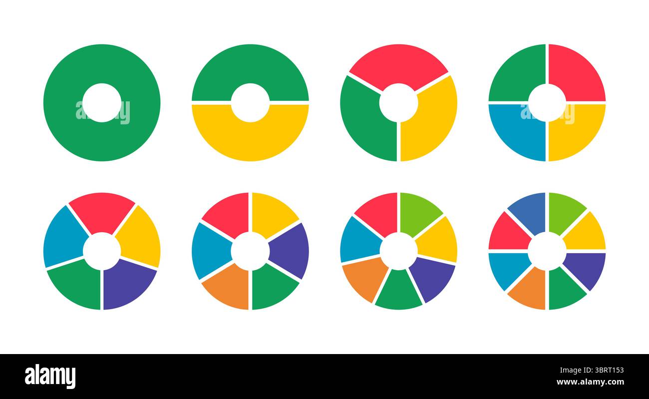 Donut charts, pies segmented on from 1 to 8 equal parts. Diagrams infographic multicoloured ...