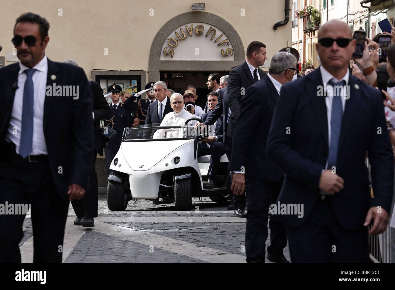 Pope Leo XIV arrives by electric car in Piazza della Libertà in Castel ...