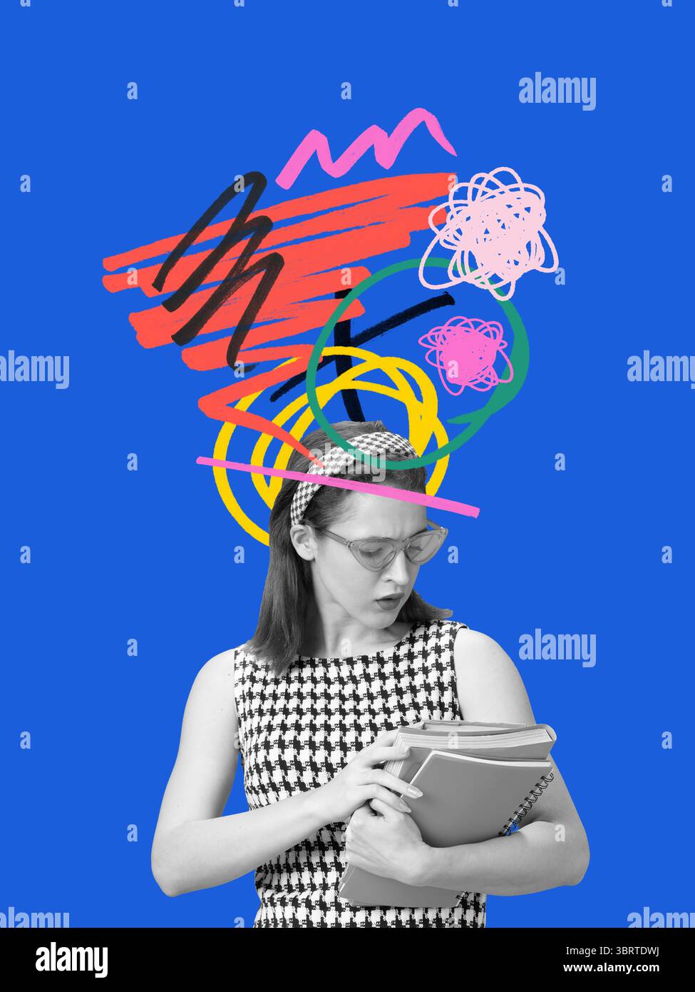 Expressive visual artwork of overwhelmed student with colorful ...