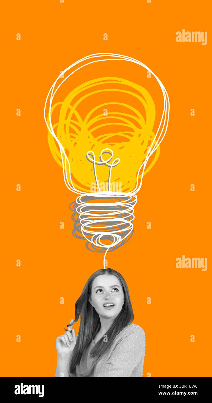 Surreal illustration of smiling girl with light bulb made of scribbles ...
