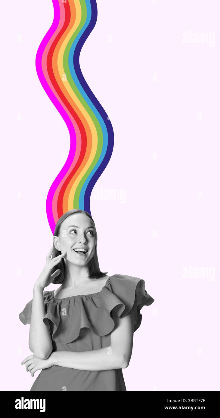Expressive visual artwork of cheerful girl with rainbow flow from head ...