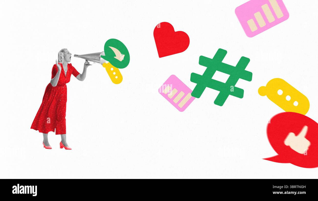 Digital pop-art collage with woman shouting icons from megaphone Stock ...