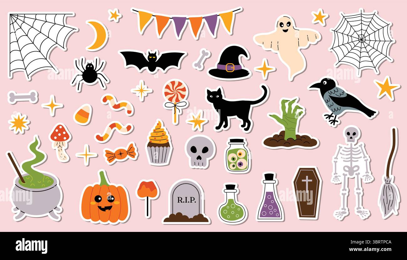 Set of Halloween sticker in flat cartoon style with skeleton, candy ...