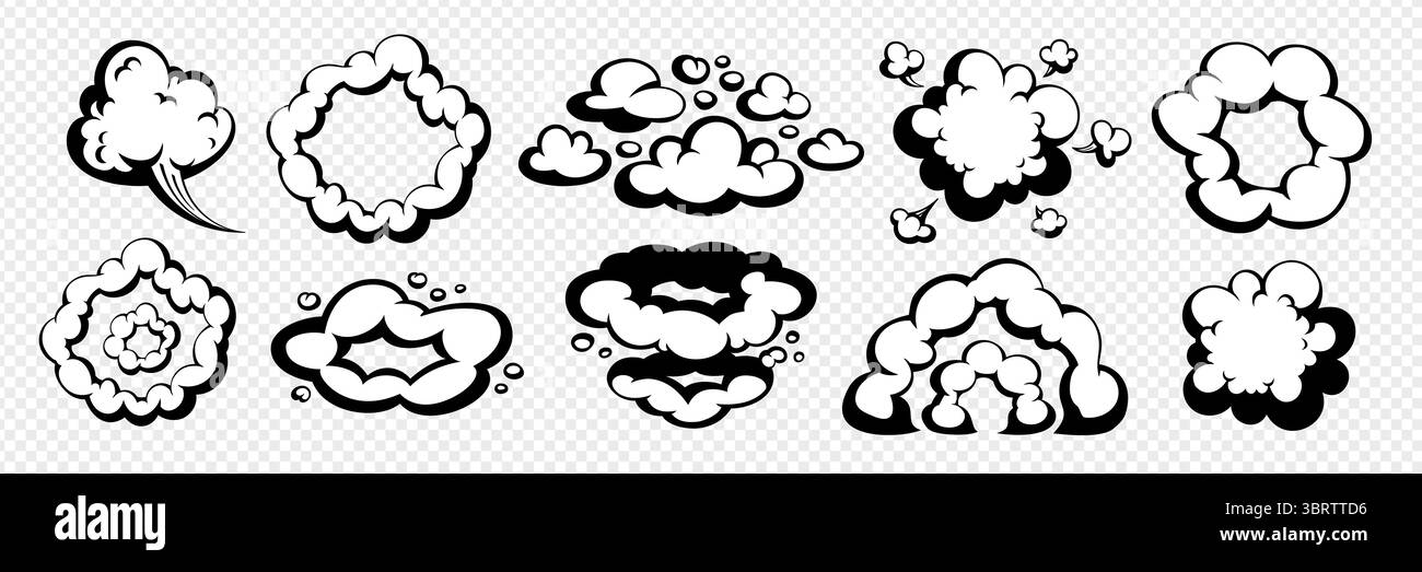 Comic cloud and smoke explosion effects set in black outline isolated ...