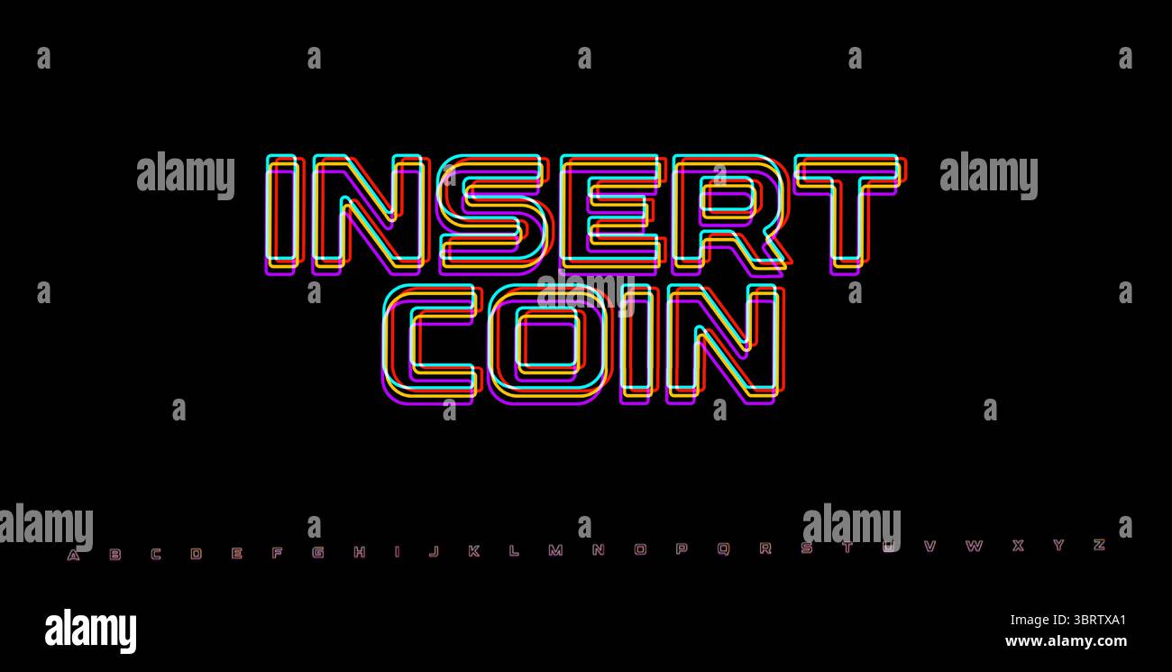 INSERT COIN retro glitch typography. RGB arcade interface element with ...