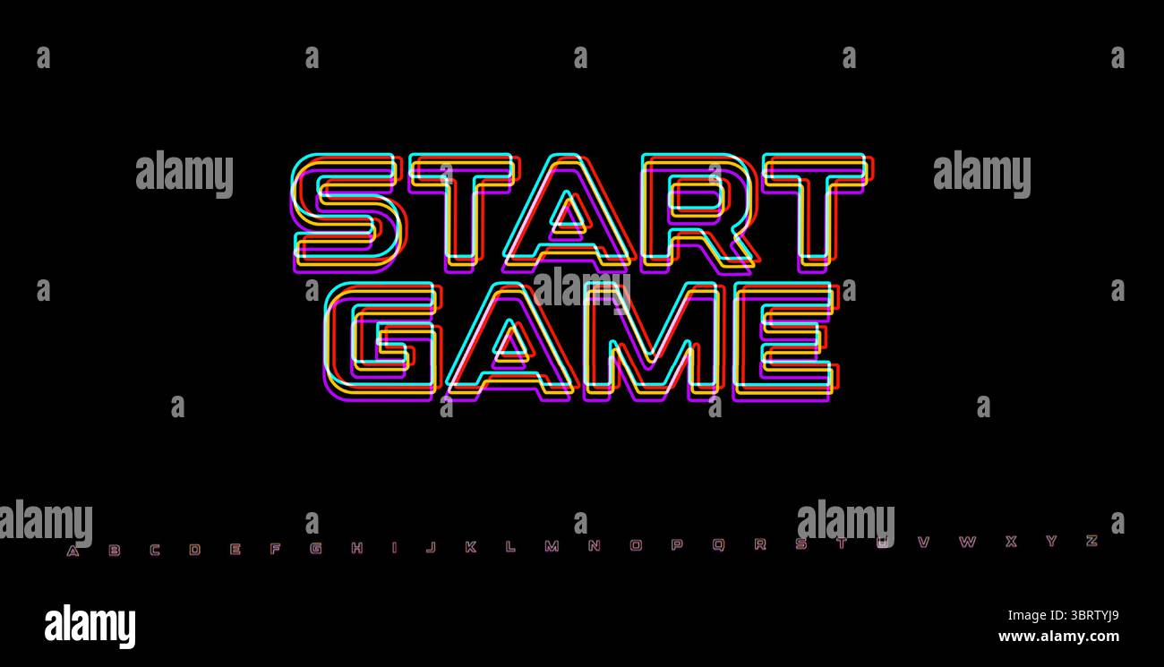START GAME neon glitch phrase. RGB arcade UI typography in vaporwave ...