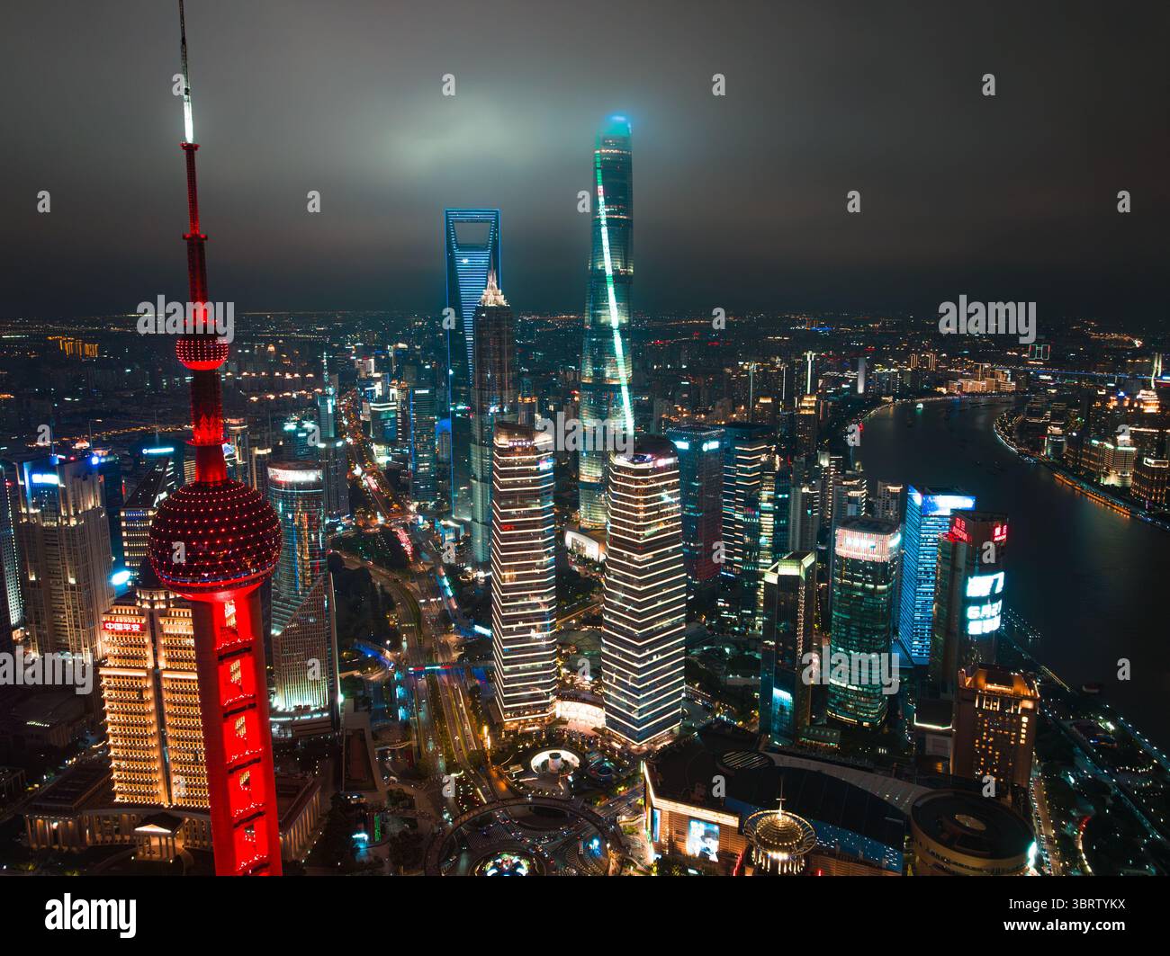 Shanghai, China - 21 June 2025: Aerial view of the Oriental Pearl Tower ...