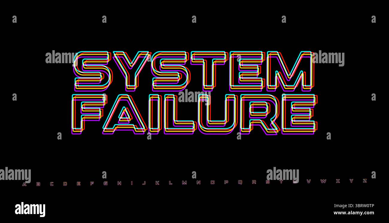 SYSTEM FAILURE glitched word. RGB distorted warning in futuristic cyberpunk style. Digital error ...