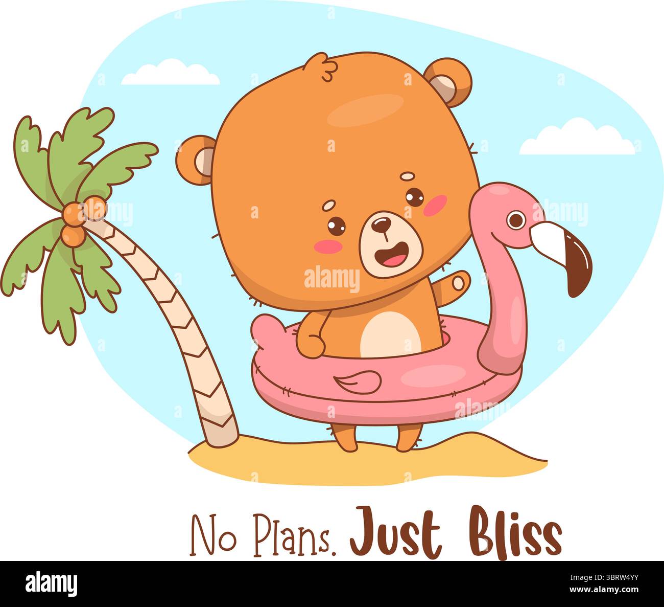 Cute summer bear with inflatable pink flamingo. Funny Animal cartoon ...