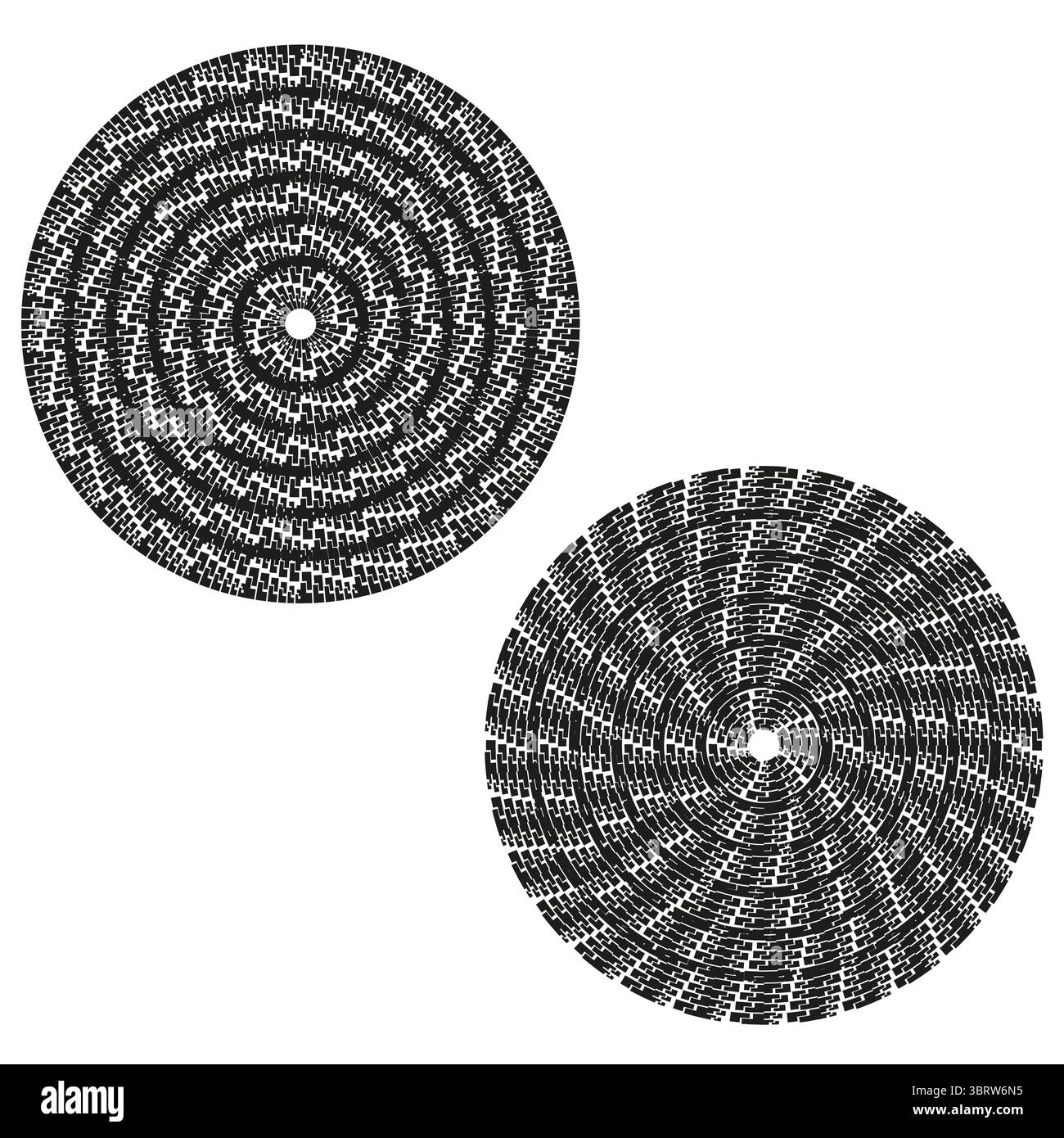 Concentric pixel discs. Spiral mosaic rings. Dynamic circular Vector. Detailed black pattern ...