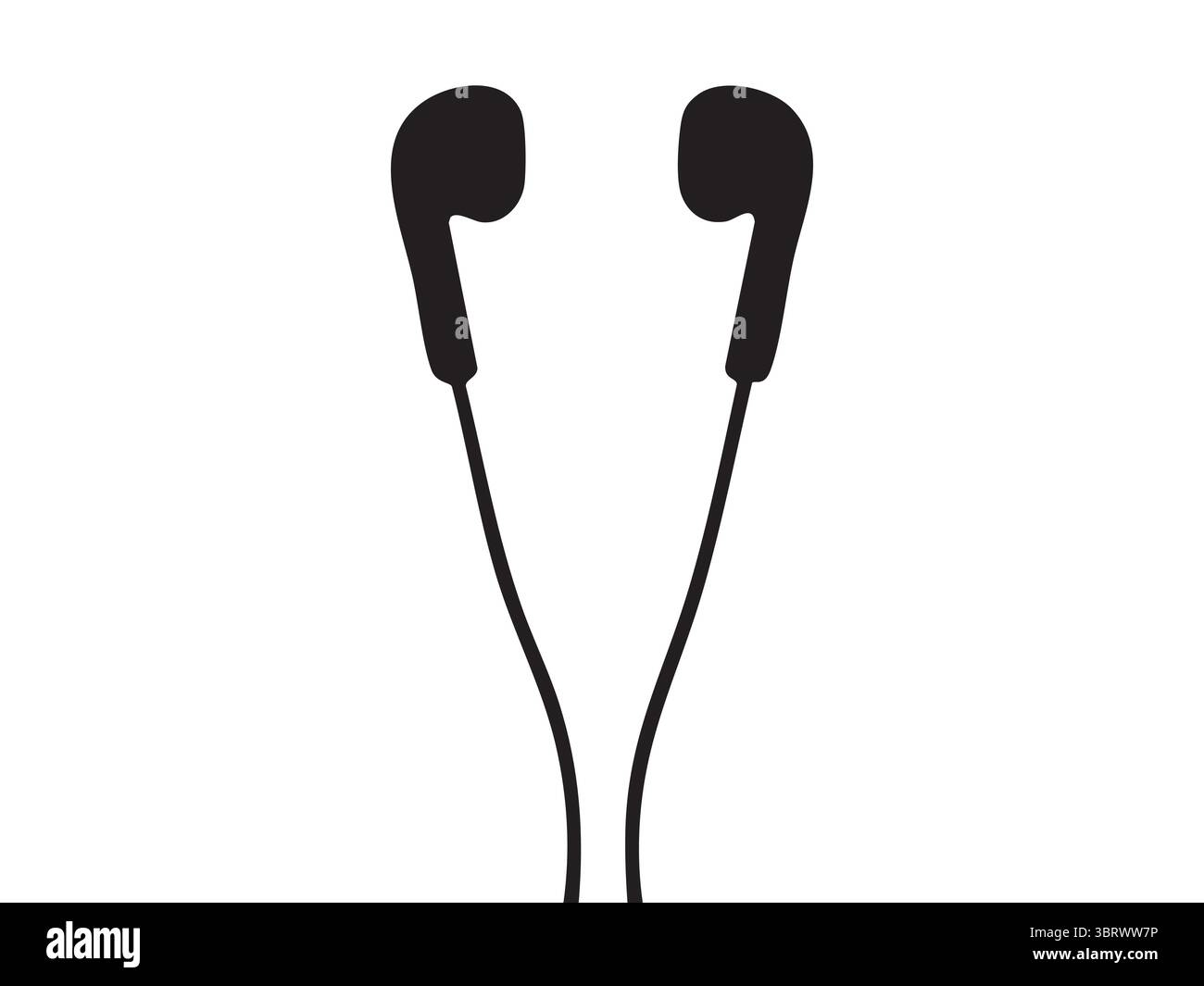 Black silhouette of wired earbuds isolated on white background, graphic ...