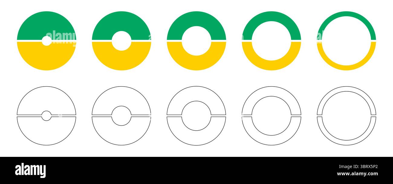 Donut charts, pies segmented on 2 equal parts. Set of infographic ...