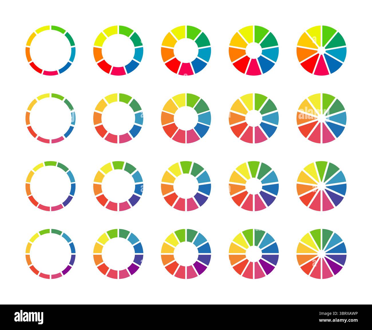 Donut charts, pies segmented on 9, 10, 11, 12 equal parts. Wheels ...