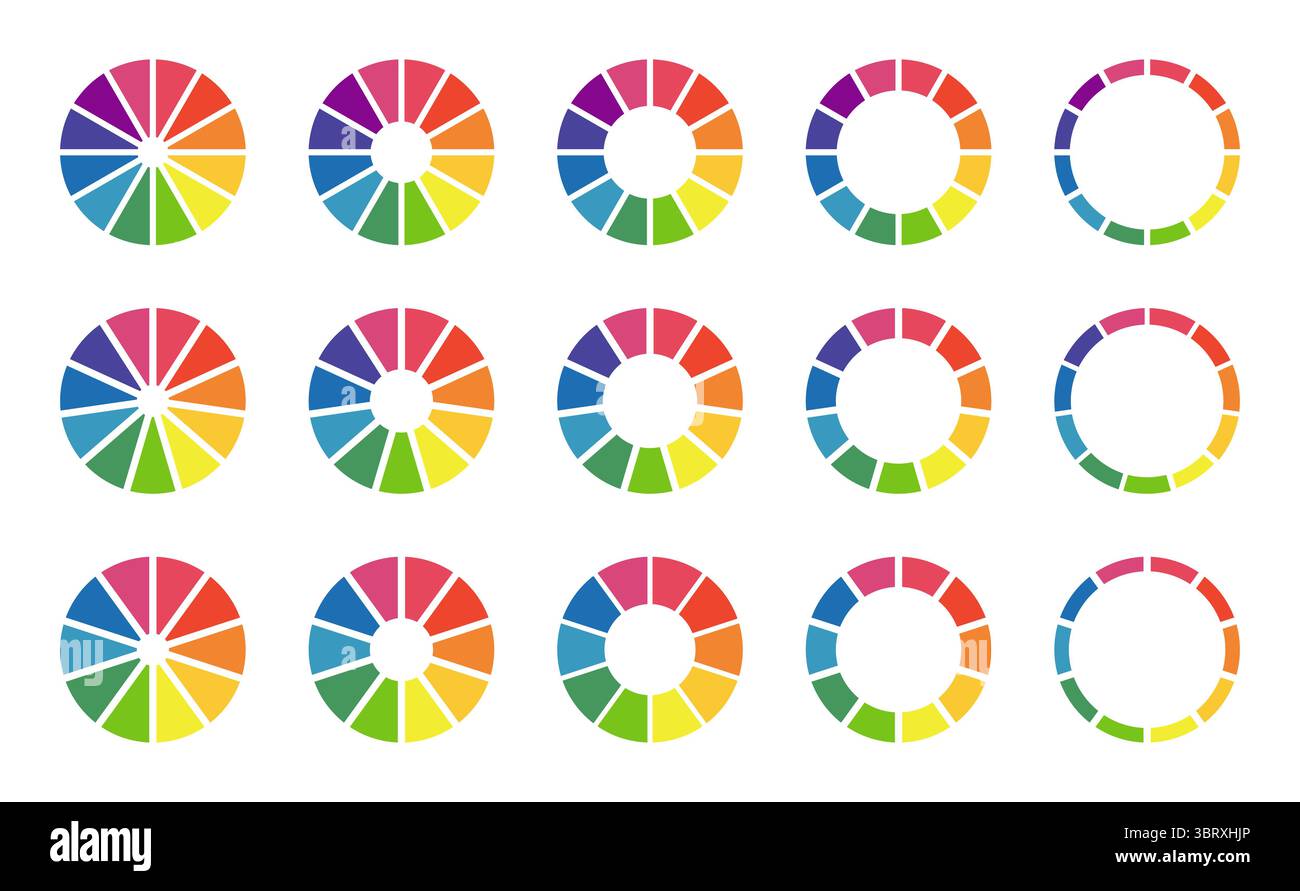 Donut charts, pies segmented on 10, 11, 12 equal parts. Wheels divided ...