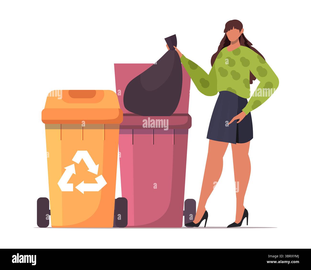Female character throwing trash bag in trash can on white background. Concept of environmental ...