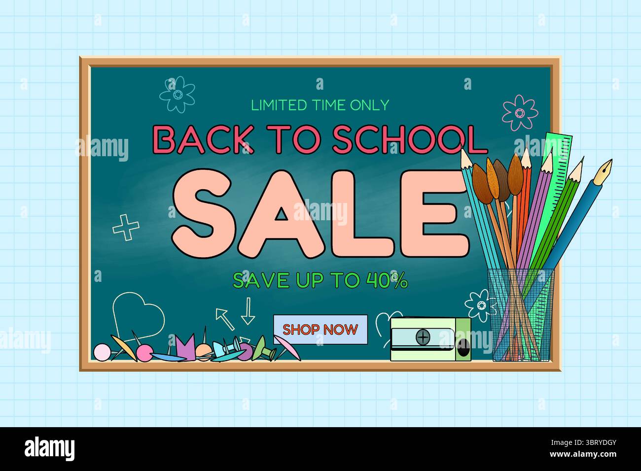Back to school sale banner with chalkboard, school supplies and ...