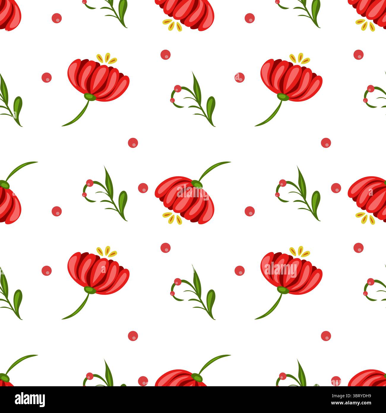 A seamless folk art vector pattern featuring vibrant red flowers with ...