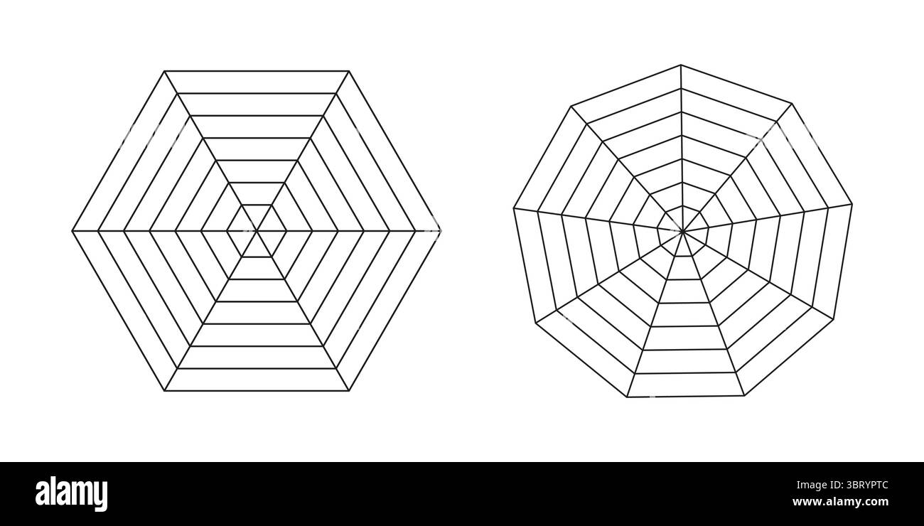 Hexagon and enneagon radar, spider diagram templates. Spider mesh ...