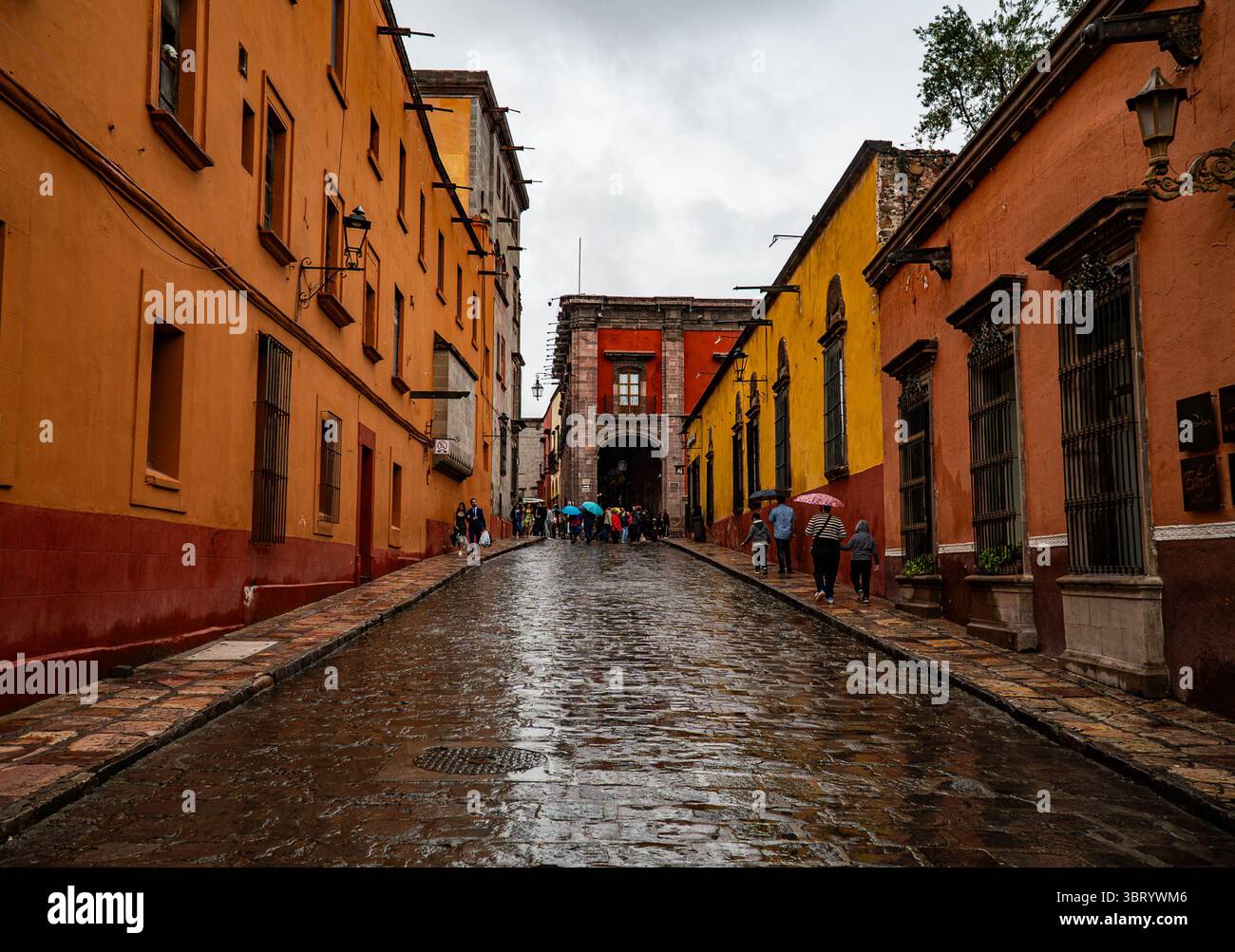 Typical view of a colonial Mexican city with cobblestone streets ...