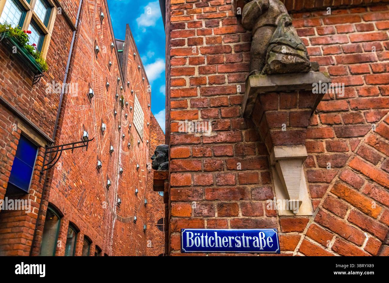 Close-up view of the typical German blue street sign of Böttcherstraße ...