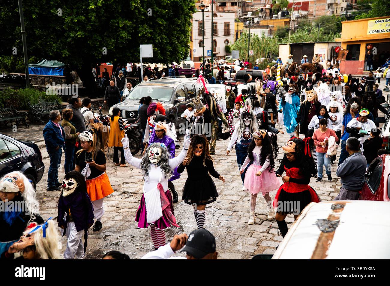 Typical view of a colonial Mexican city with cobblestone streets ...