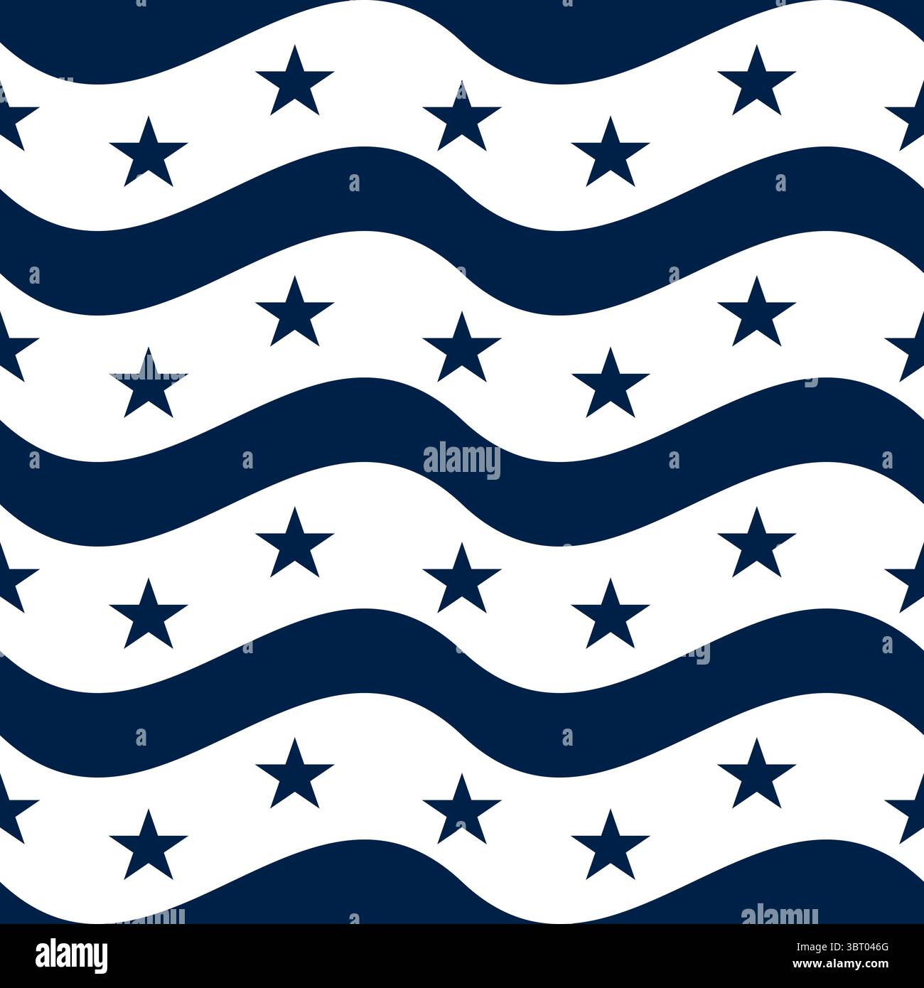 A repeating vector pattern of wavy lines and stars in navy blue and ...