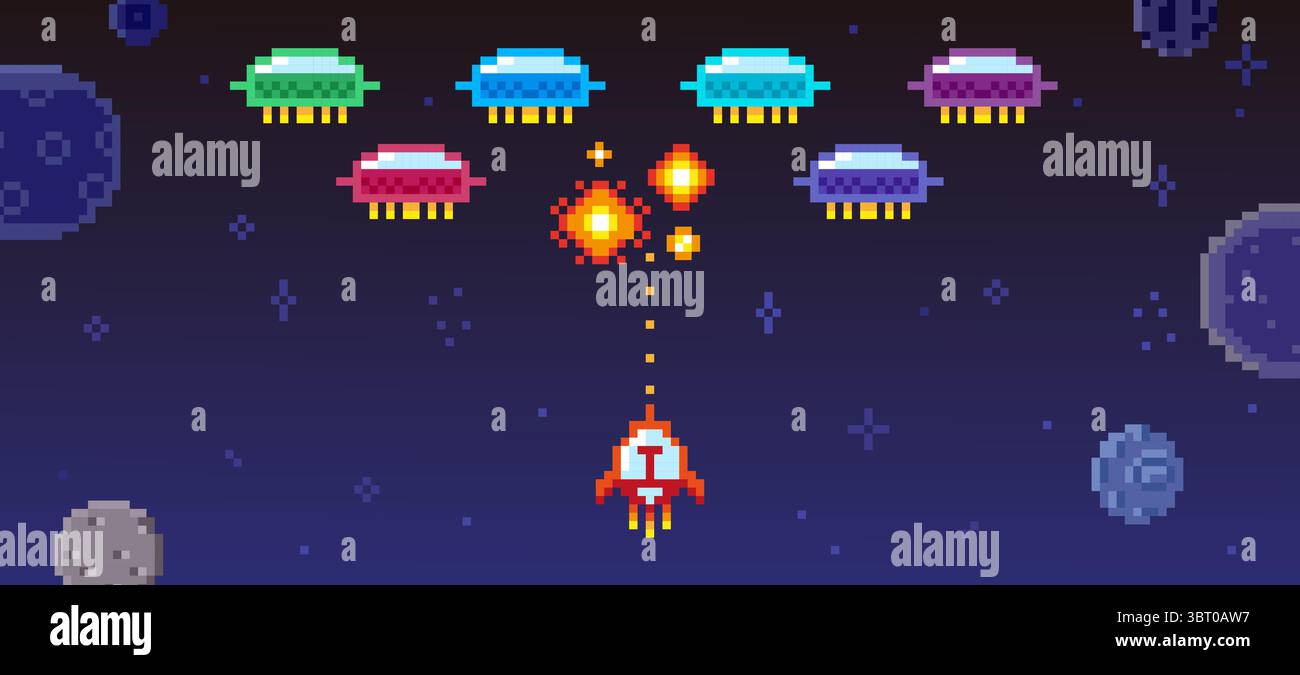 Pixel space arcade game. Spaceship shoots at colorful aliens, 8 bit ...