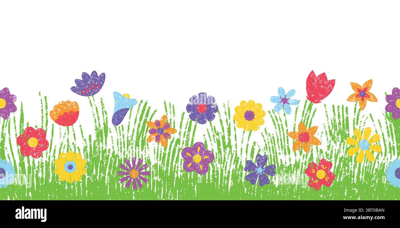 Crayon drawing meadow. Colored pencil green grass with blooming flowers ...