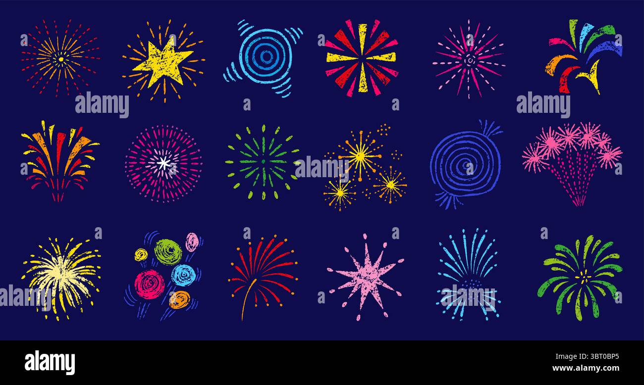 Crayon drawing sunburst. Simple pencil drawn fireworks, vibrant ...
