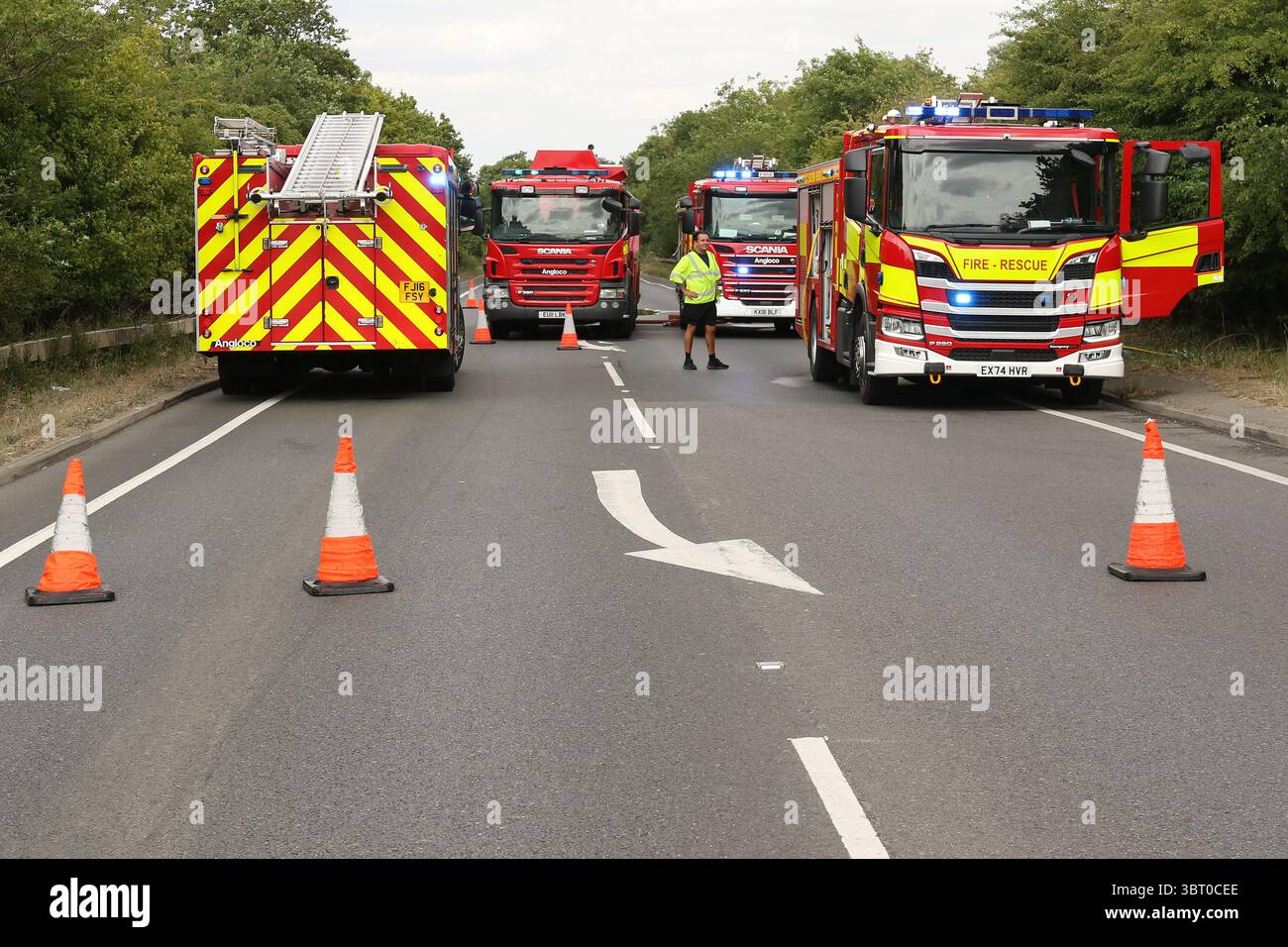 Maldon Essex UK. 14th July 2025. Essex Fire Brigade are battling a ...