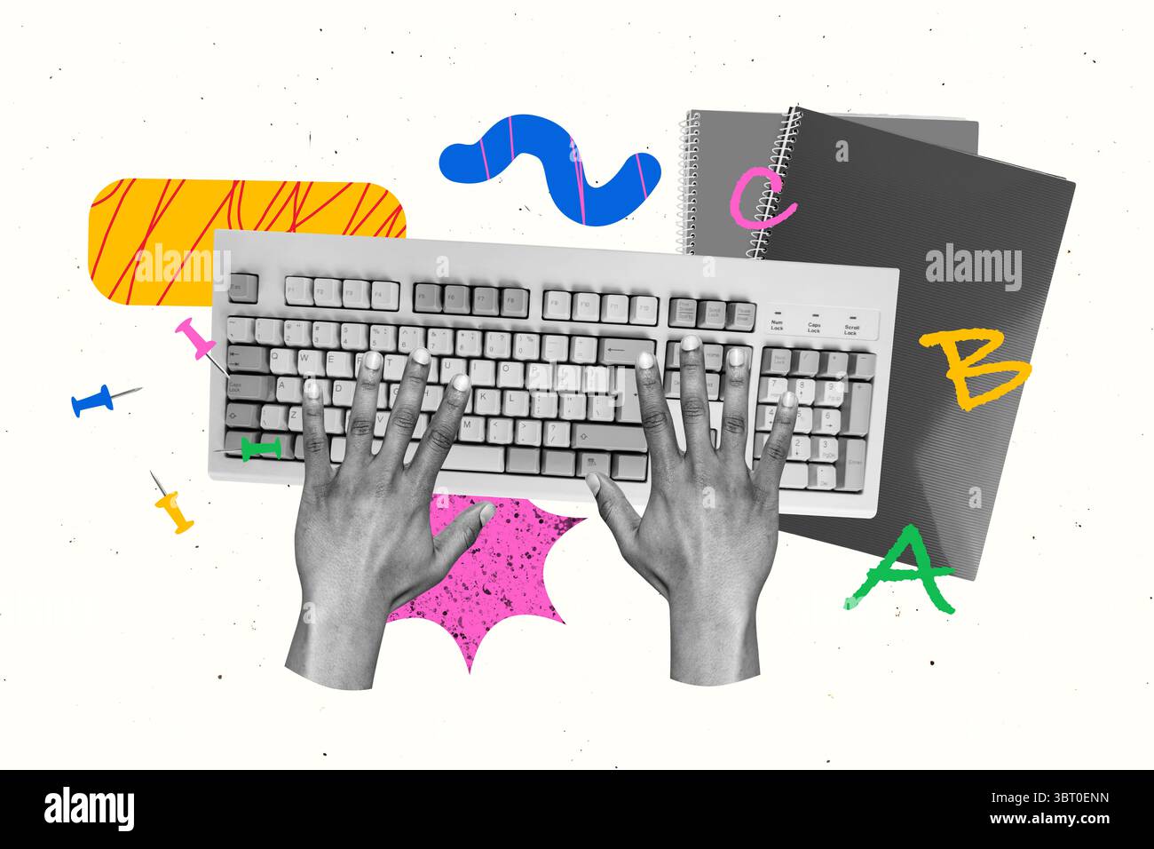 Sketch composite 3D photo collage trend artwork of qwerty keyboard hand ...