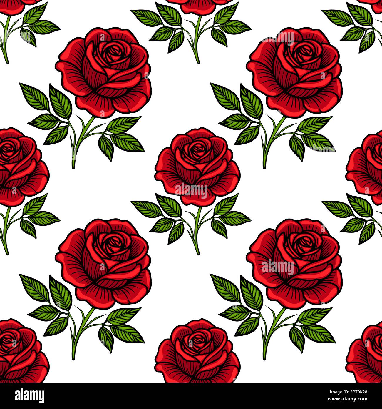 A seamless vector pattern featuring vibrant red roses with green leaves ...