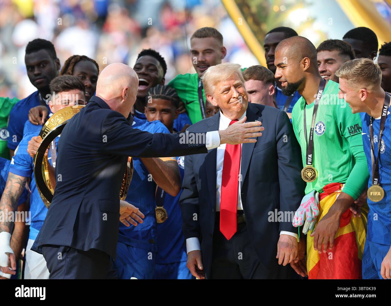 New Jersey, USA, 13th July 2025. President Donald Trump stays for the trophy lift during the ...