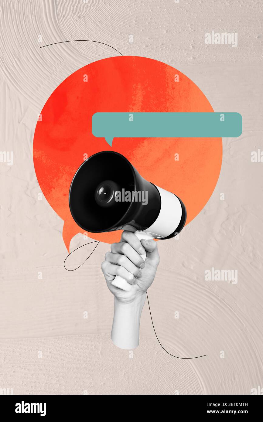 Zine banner vertical photo collage of hand hold megaphone proclaim news ...